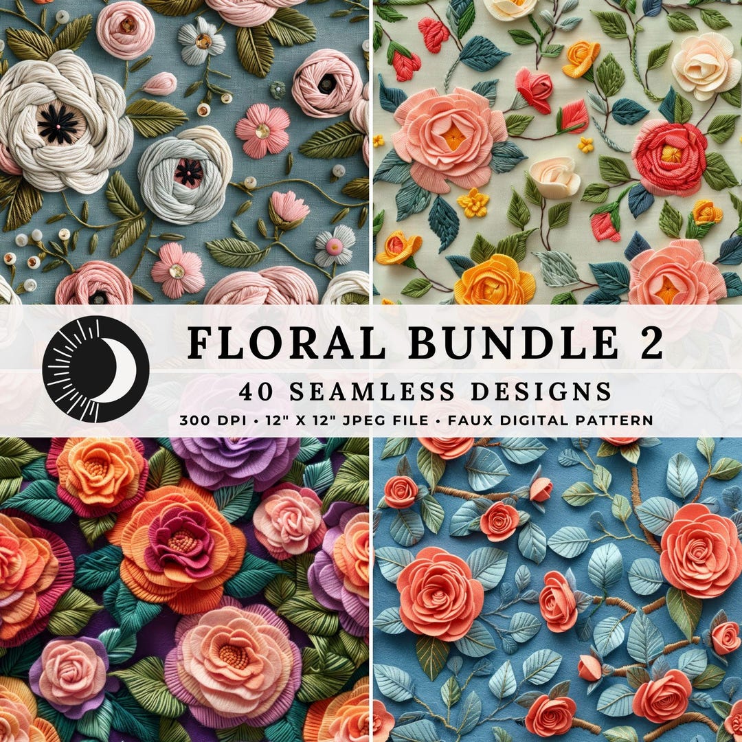 40 Floral Seamless Digital Paper Bundle Faux Embroidery Seamless ...
