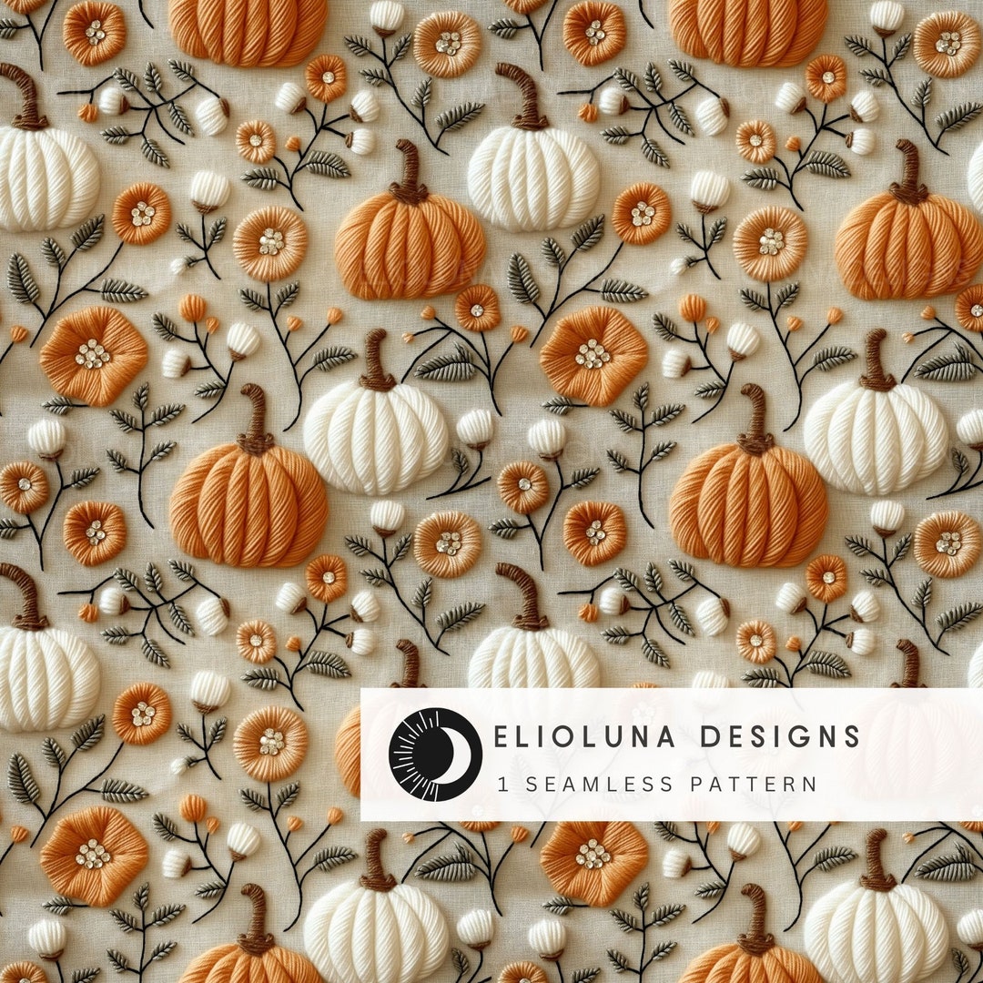 Fall Pumpkins Seamless Pattern 3D Faux Embroidery Pumpkins Digital ...