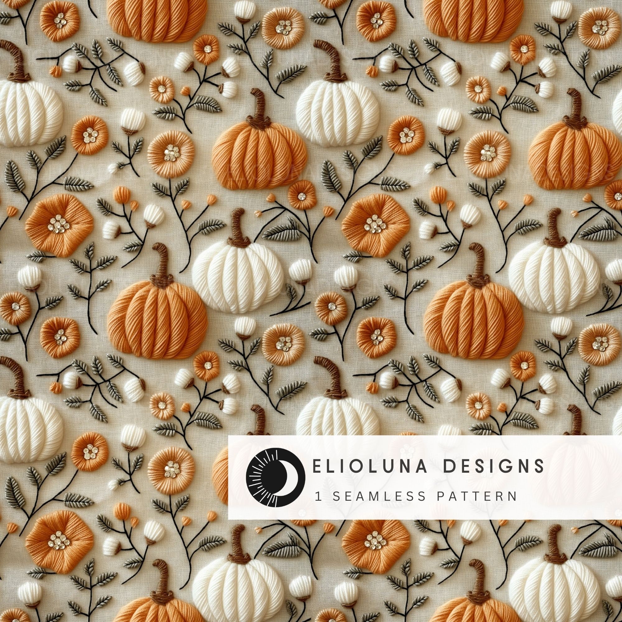 Fall Pumpkins Seamless Pattern 3D Faux Embroidery Pumpkins Digital ...