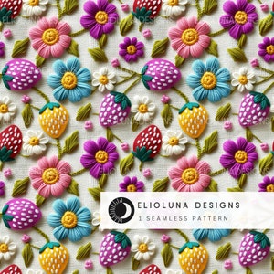 Floral Strawberry Pattern Faux Embroidery Digital Paper 3D Strawberry ...