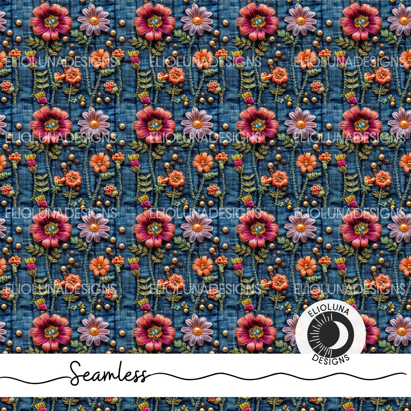 Floral Denim Pattern Digital Paper Embroidered Floral Pattern Seamless ...