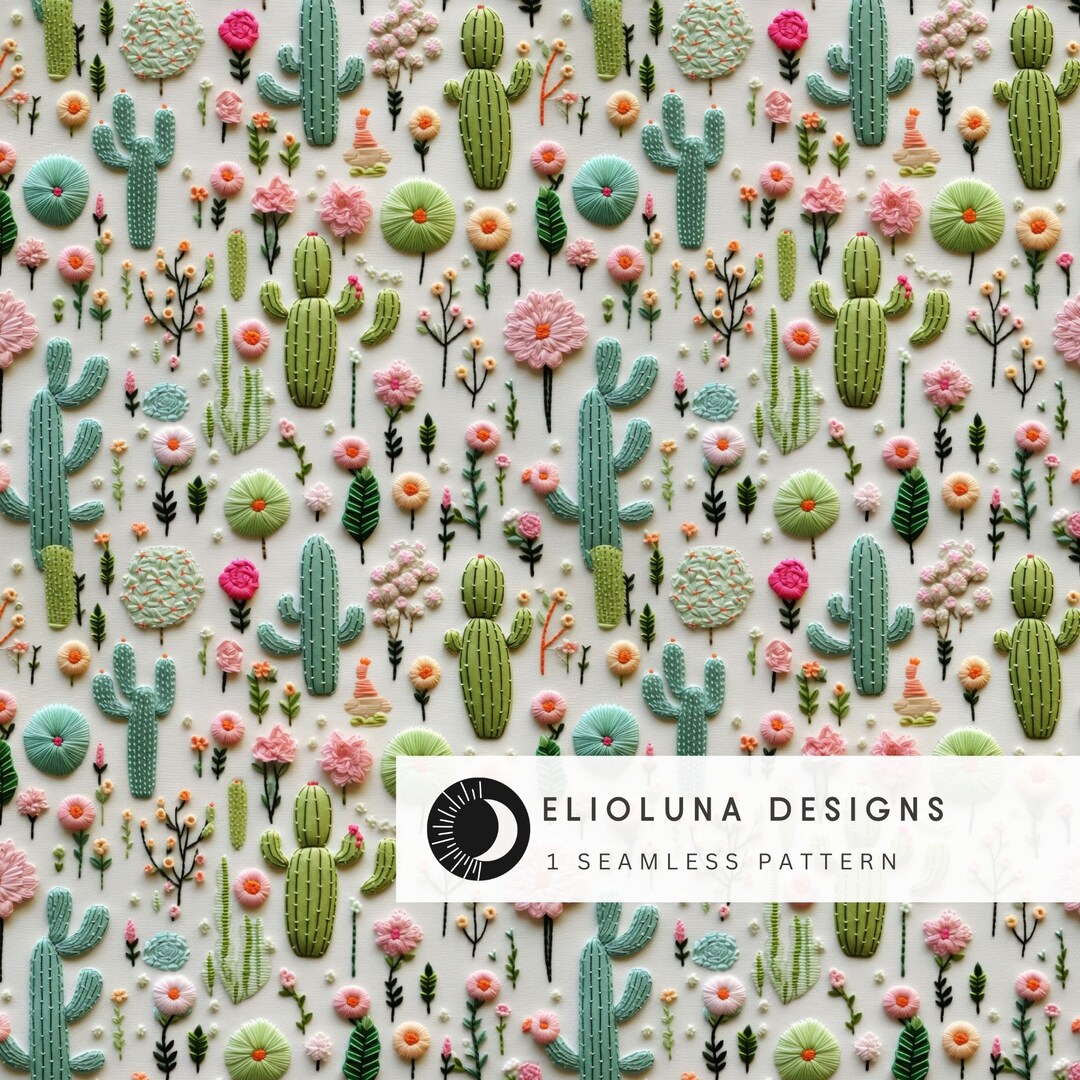 Cactus Floral Pattern Digital Paper Embroidered Western Pattern ...