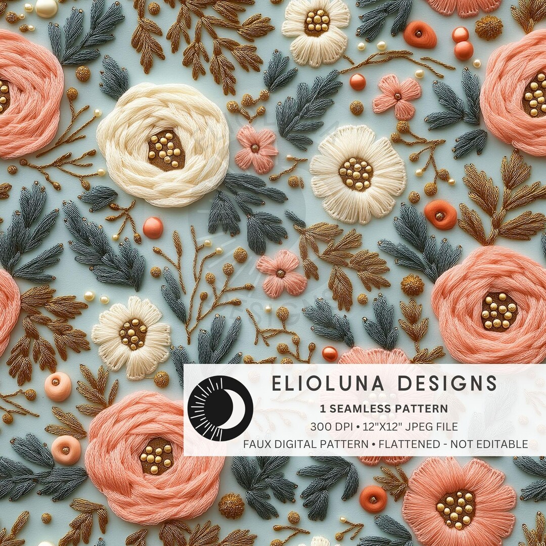 Boho Florals Faux Embroidery Seamless Pattern 3D Floral Digital Paper ...