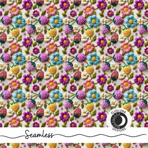 Floral Strawberry Pattern Faux Embroidery Digital Paper 3D Strawberry ...