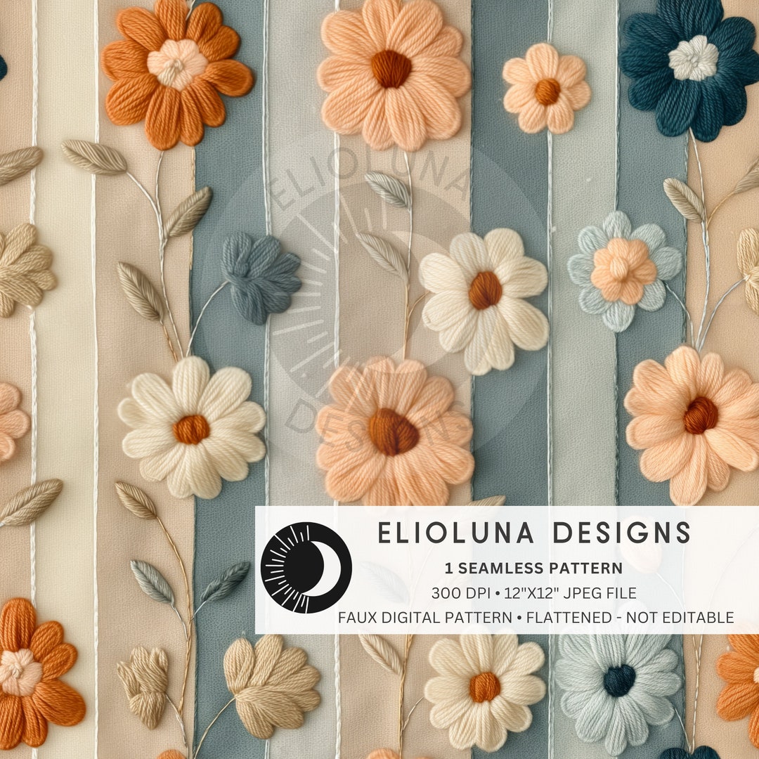 Boho Fall Florals Faux Embroidery Seamless Pattern 3D Floral Digital ...