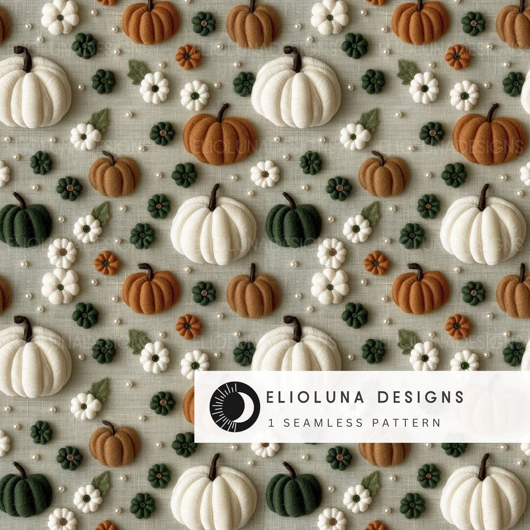 Fall Pumpkins Seamless Pattern 3D Faux Embroidery Pumpkins Digital ...