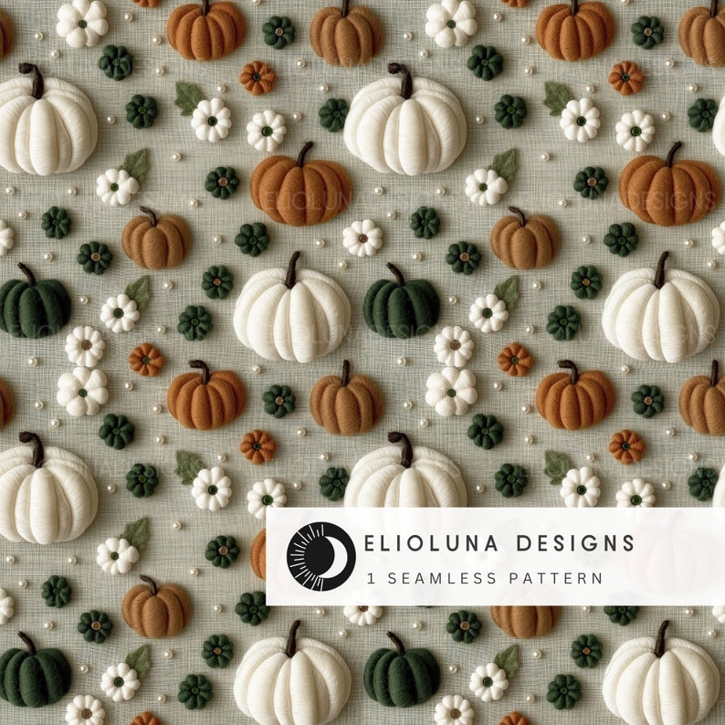 Fall Pumpkins Seamless Pattern 3D Faux Embroidery Pumpkins Digital ...