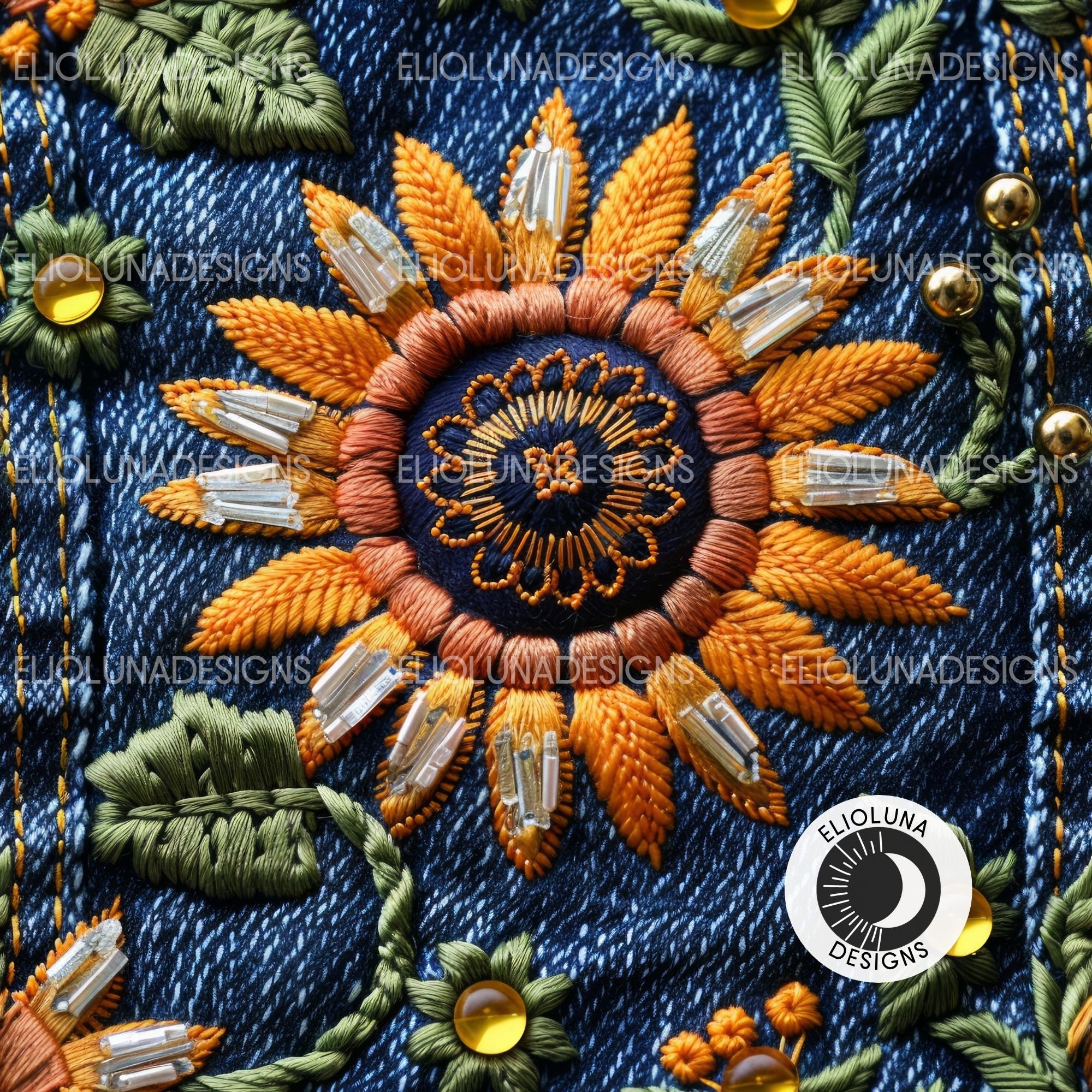 Denim Sunflower Pattern Digital Paper 3D Sunflower Embroidered Pattern ...