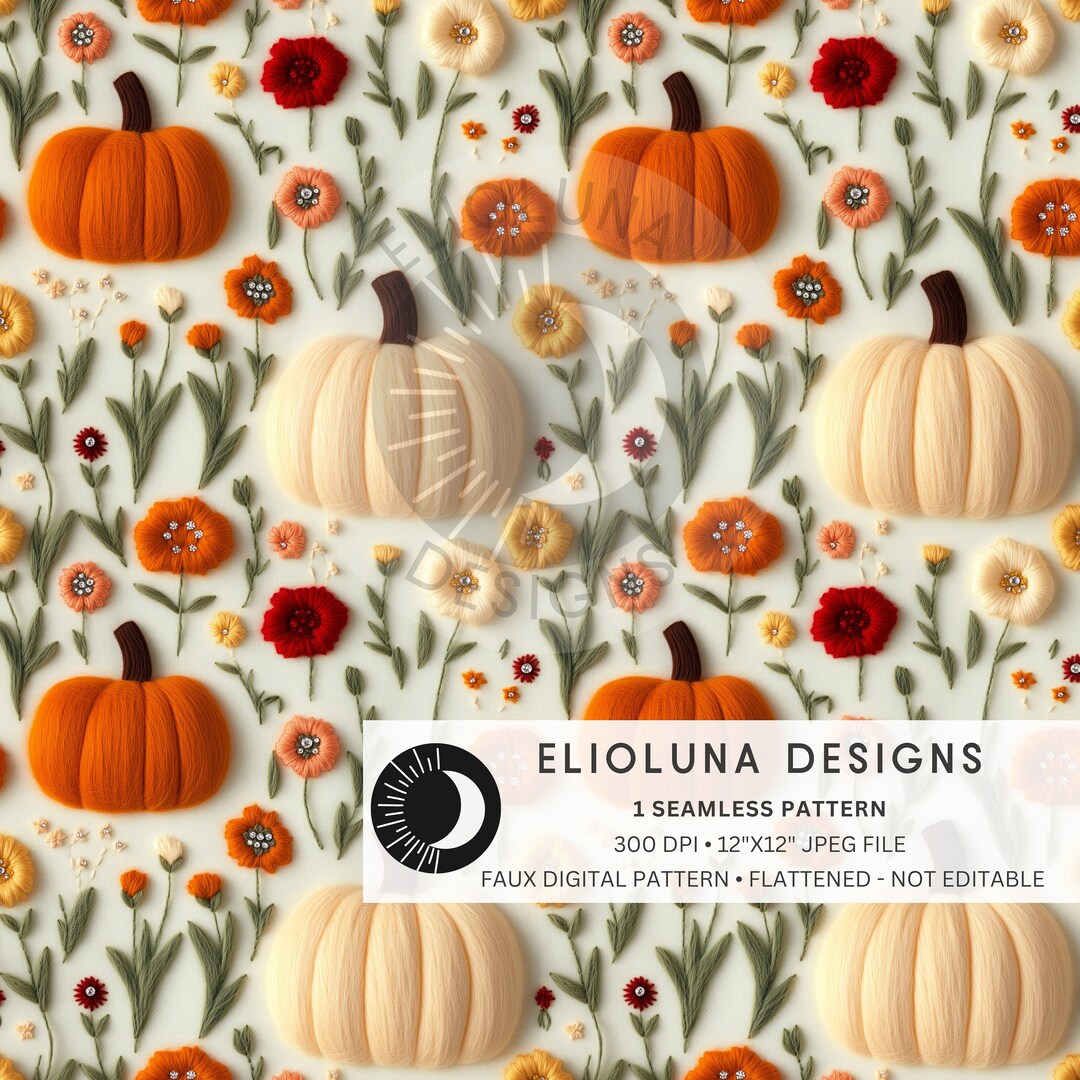 Fall Pumpkins Seamless Pattern 3D Faux Embroidery Pumpkins Digital ...