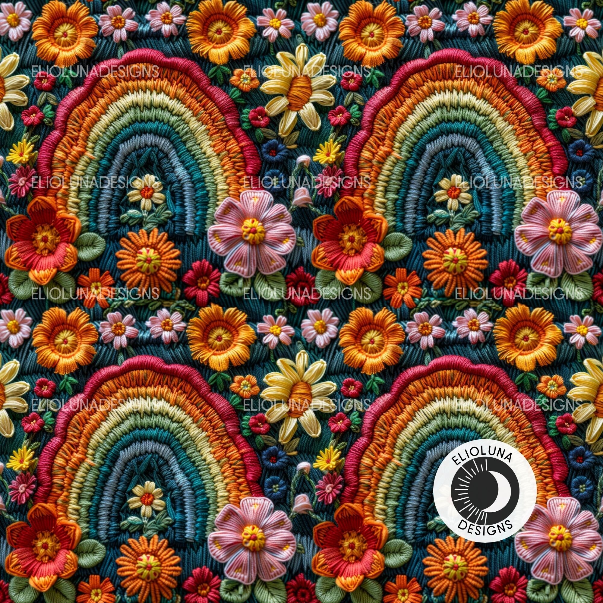 Rainbow Floral Pattern Digital Paper Embroidered Floral Rainbow Pattern ...