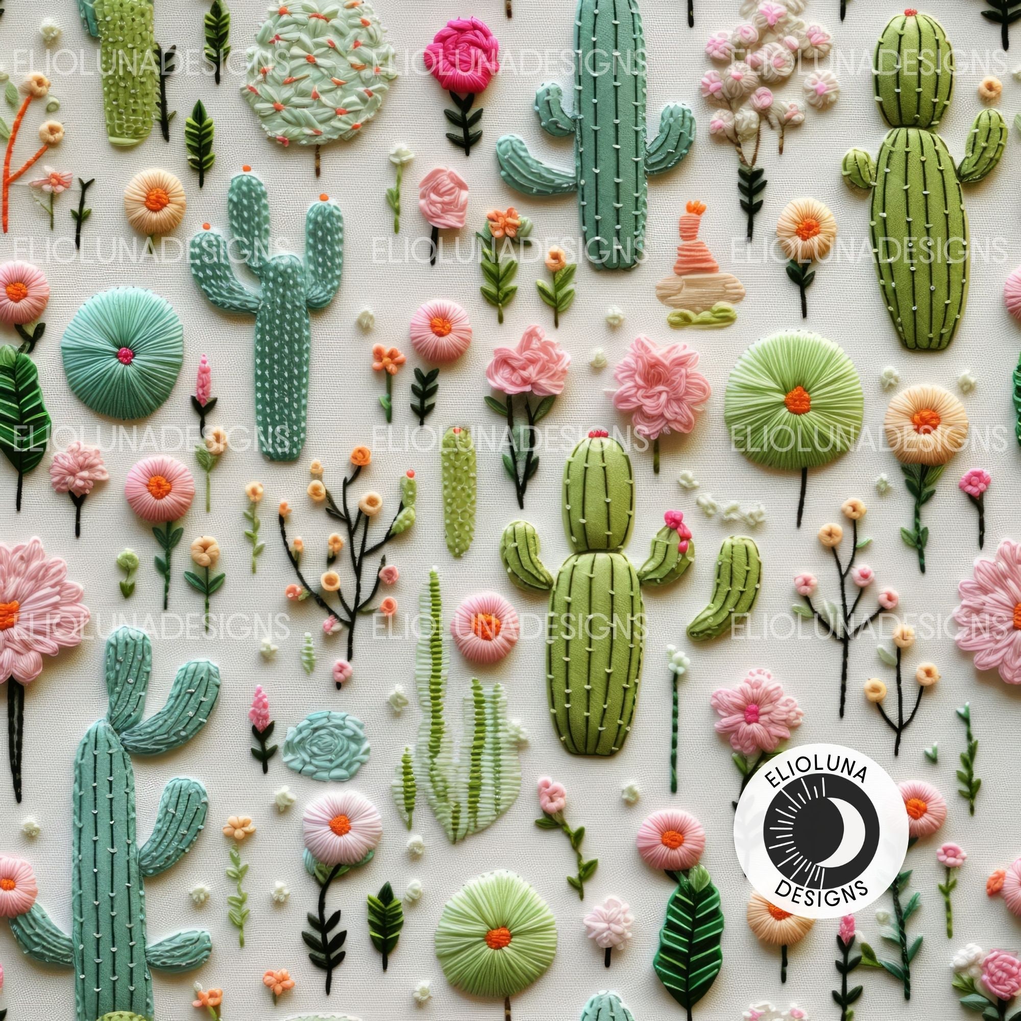 Cactus Floral Pattern Digital Paper Embroidered Western Pattern ...