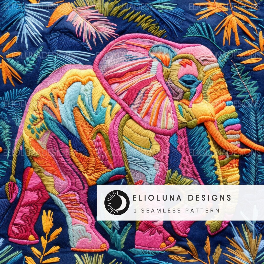 Elephant Digital Paper Embroidered Elephant Pattern Seamless Digital ...