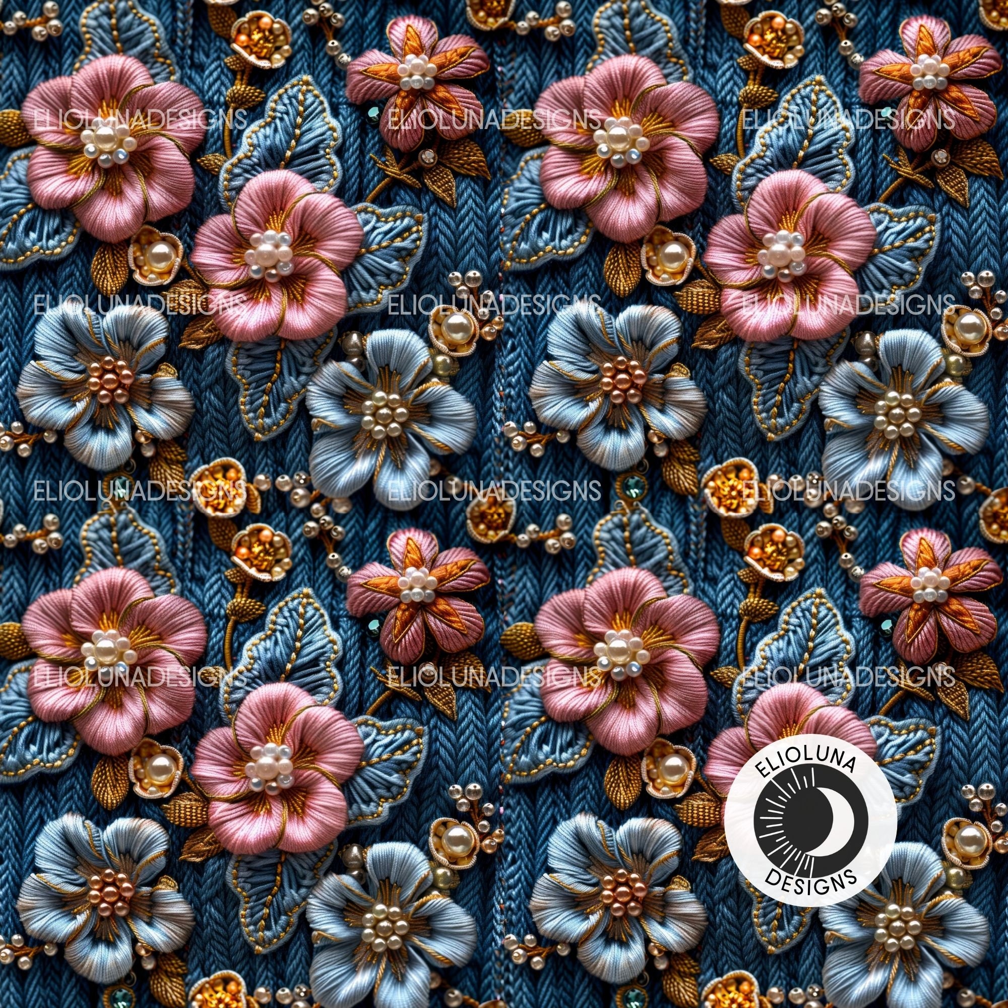 Floral Denim Pattern Digital Paper Embroidered Floral Pattern Seamless ...