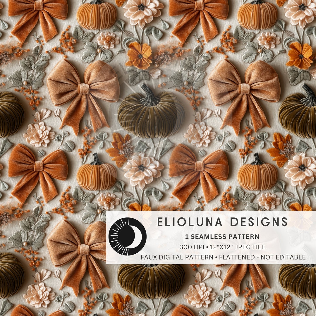 Velvet Pumpkins and Bows Seamless Pattern 3D Faux Embroidery Fall ...