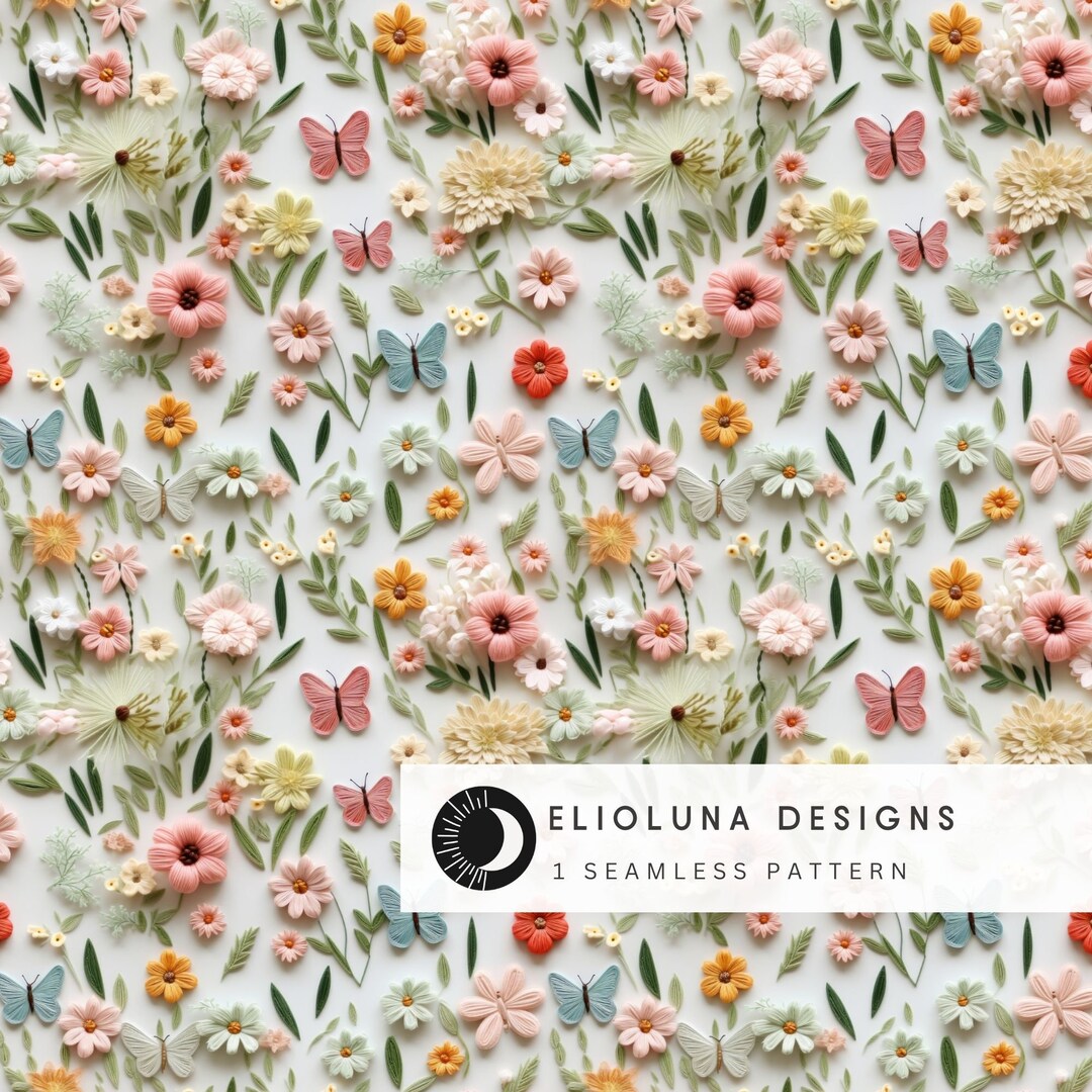 Spring Floral Butterfly Pattern Digital Paper Embroidered Floral ...