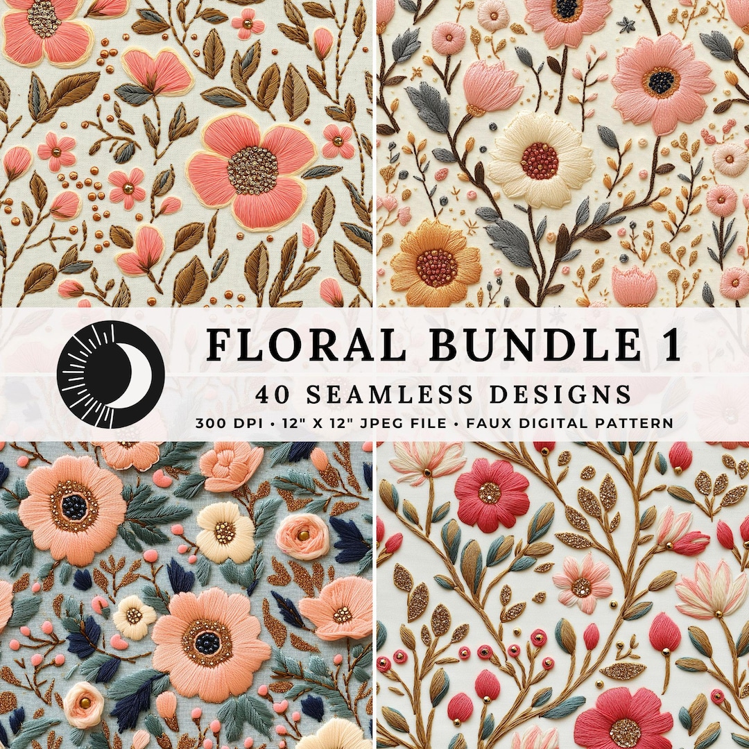40 Floral Seamless Digital Paper Bundle Faux Embroidery Seamless ...