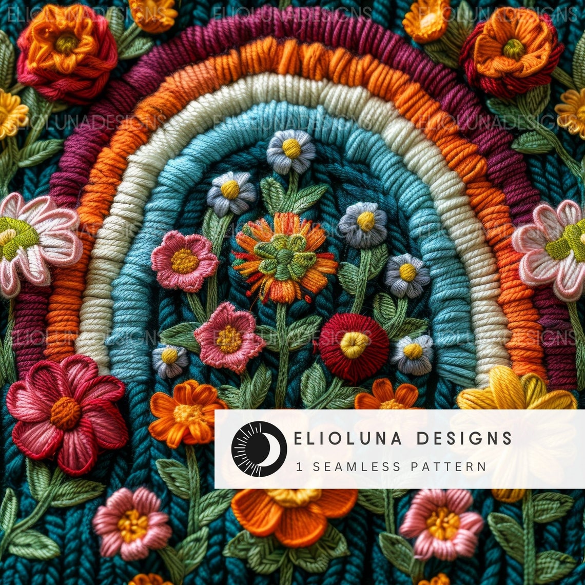 Rainbow Floral Pattern Digital Paper Embroidered Floral Rainbow Pattern ...