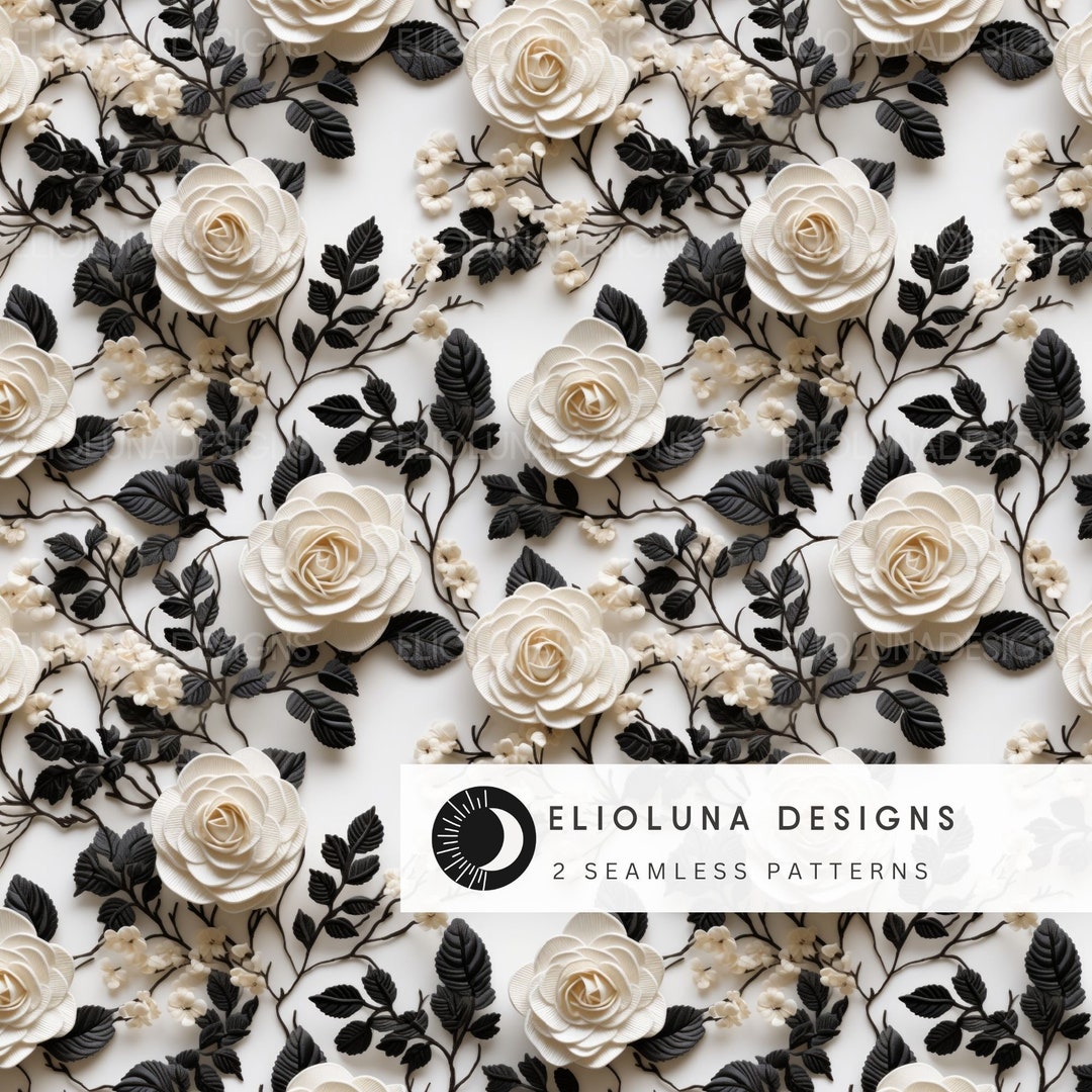 Digital Paper Black Rose Seamless Pattern Rose 3D Faux Black Roses ...