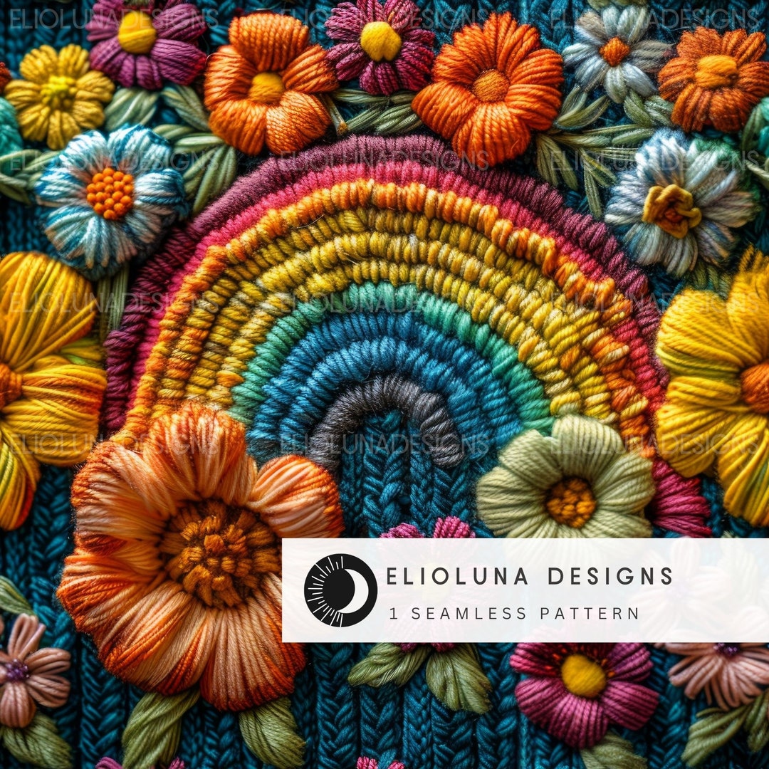 Rainbow Floral Pattern Digital Paper Embroidered Floral Rainbow Pattern ...