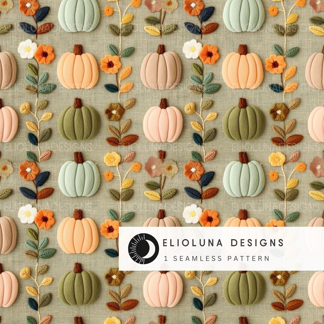 Fall Pumpkins Faux Embroidery Seamless Pattern 3D Pumpkins Digital ...