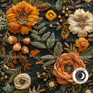 Fall Floral Pattern Digital Paper 3D Faux Embroidery Floral Autumn ...