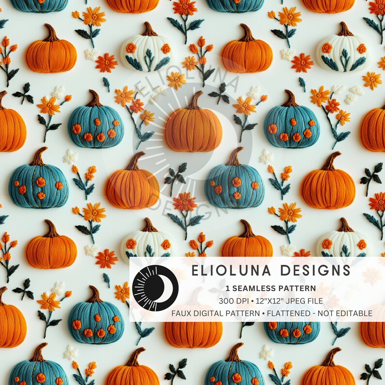 Fall Pumpkins Seamless Pattern 3D Faux Embroidery Pumpkins Digital ...