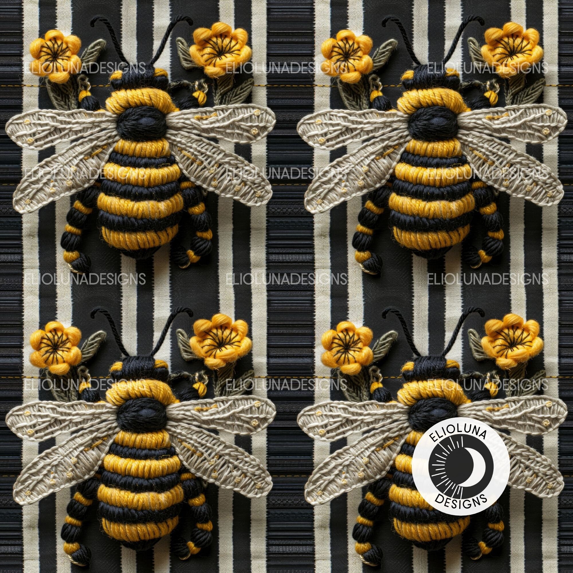 Bee Knitted Pattern Digital Paper 3D Floral Bumblebee Seamless Digital ...