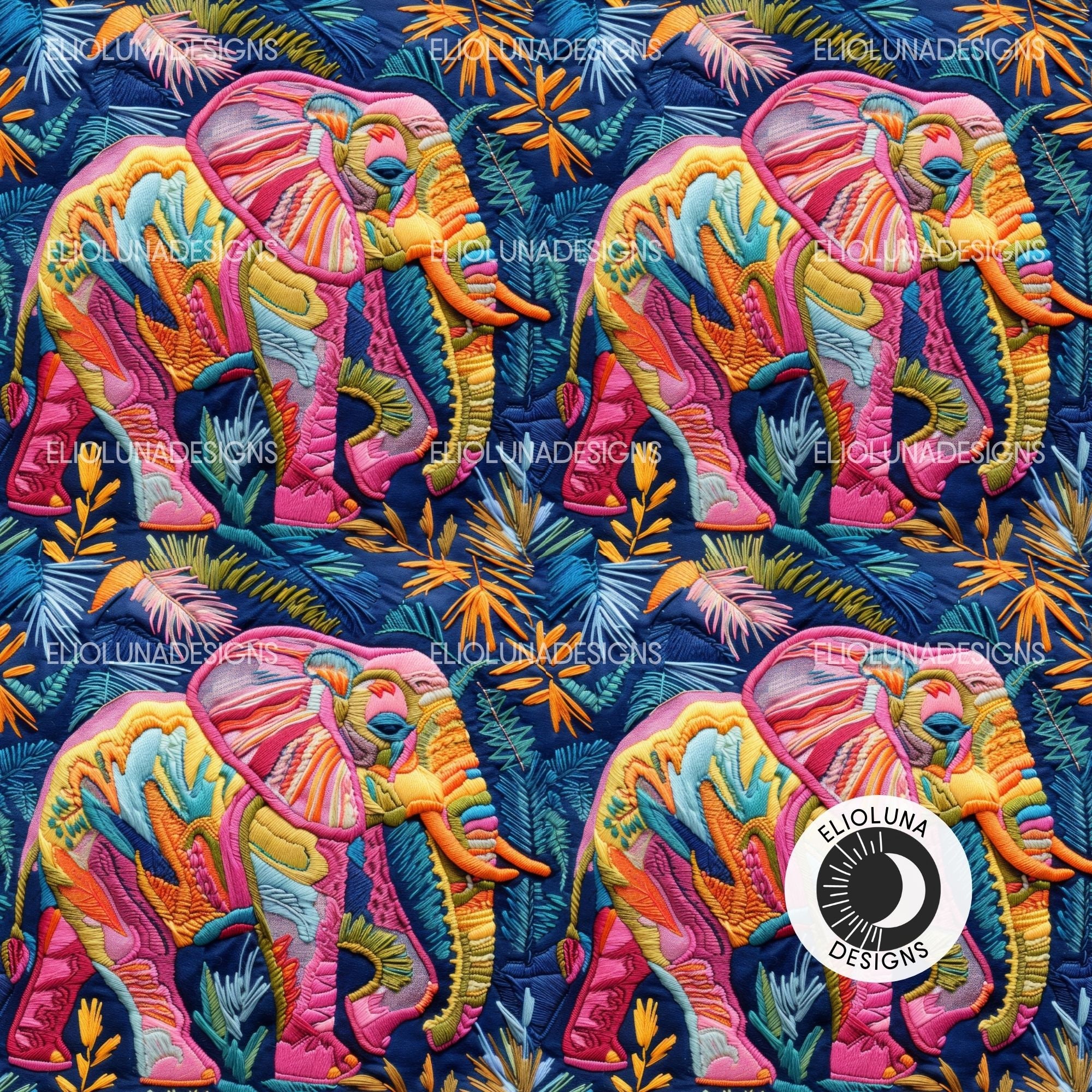 Elephant Digital Paper Embroidered Elephant Pattern Seamless Digital ...