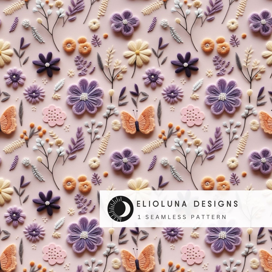 Spring Floral Butterfly Pattern Digital Paper Embroidered Floral ...
