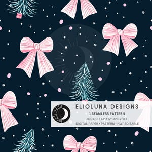 Pink Bows and Christmas Trees Seamless Pattern Pink Christmas Digital ...