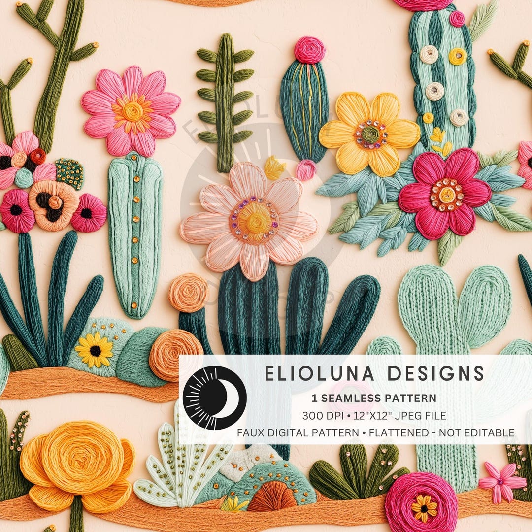 3D Floral Cactus Seamless Pattern Faux Embroidery Cactus Pattern ...