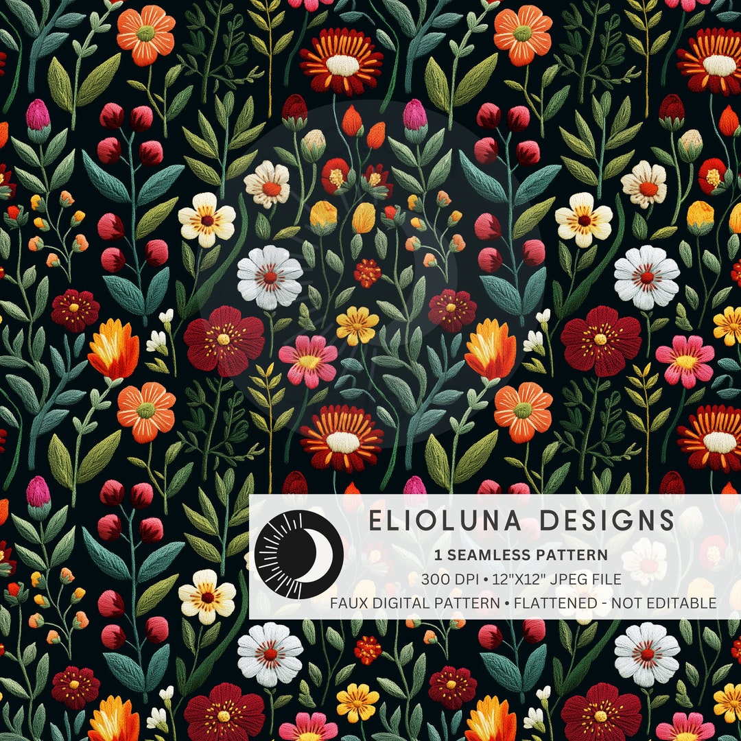 Cottagecore Floral Pattern Digital Paper Faux Embroidery Fall Floral ...
