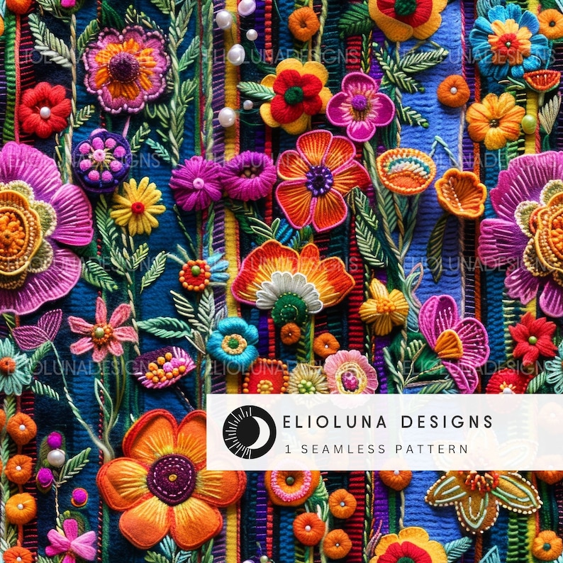 Mexican Floral Pattern Digital Paper Faux Embroidery Fiesta Floral ...