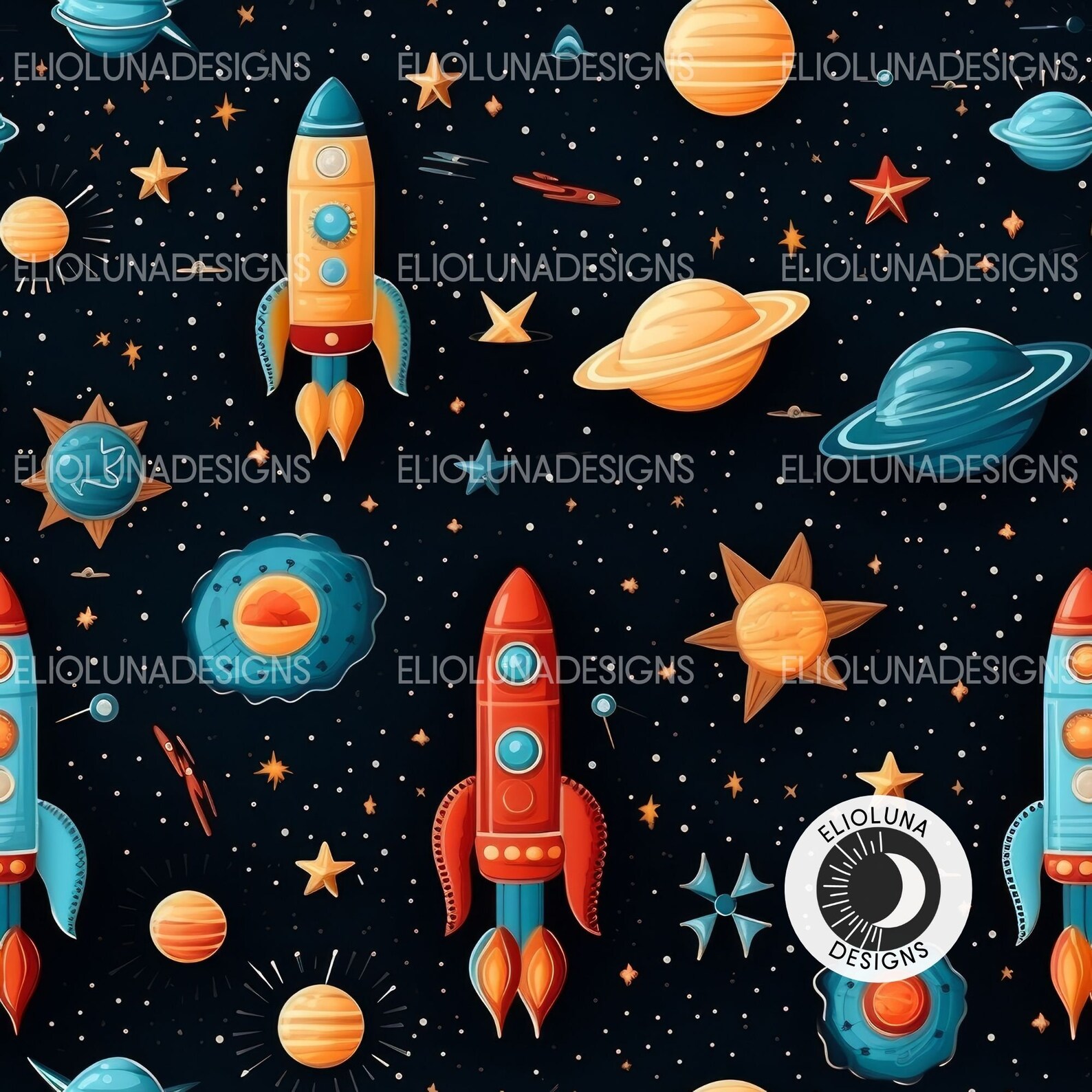 Rocket Ship Space Pattern Digital Paper Kids Space Pattern Seamless ...