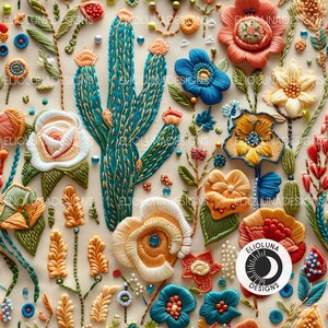 Cactus Floral Pattern Digital Paper Embroidered Western Pattern ...