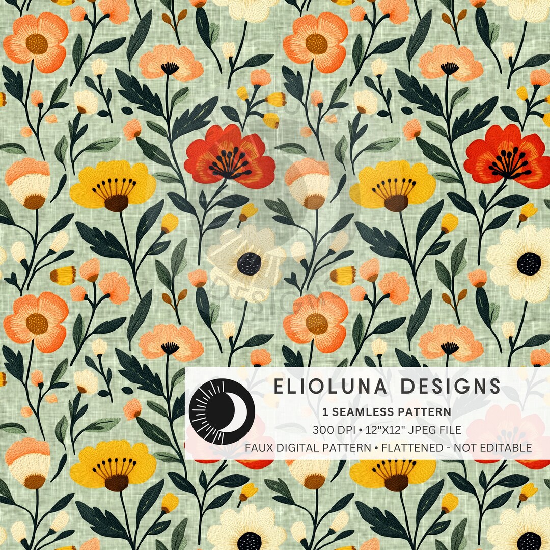 Cottagecore Floral Pattern Digital Paper Faux Embroidery Fall Floral ...
