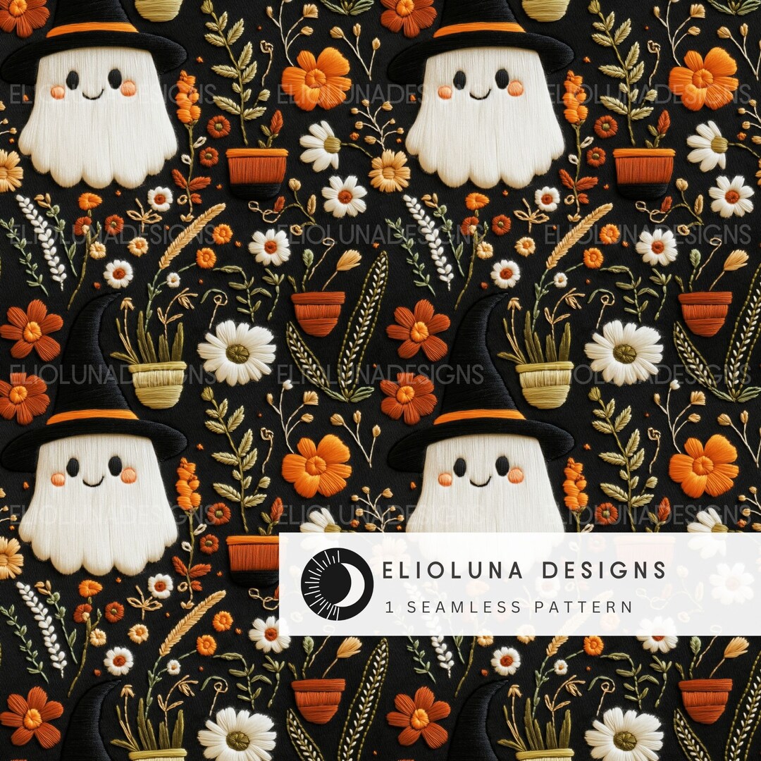 Floral Halloween Ghost Seamless Pattern Faux Embroidery File Halloween ...