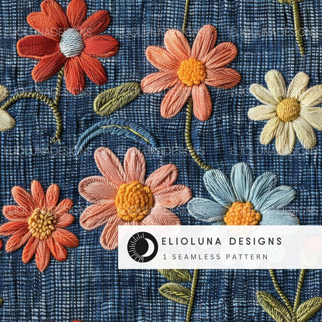 Daisy Embroidered Denim Floral Pattern Digital Paper Faux Embroidery ...