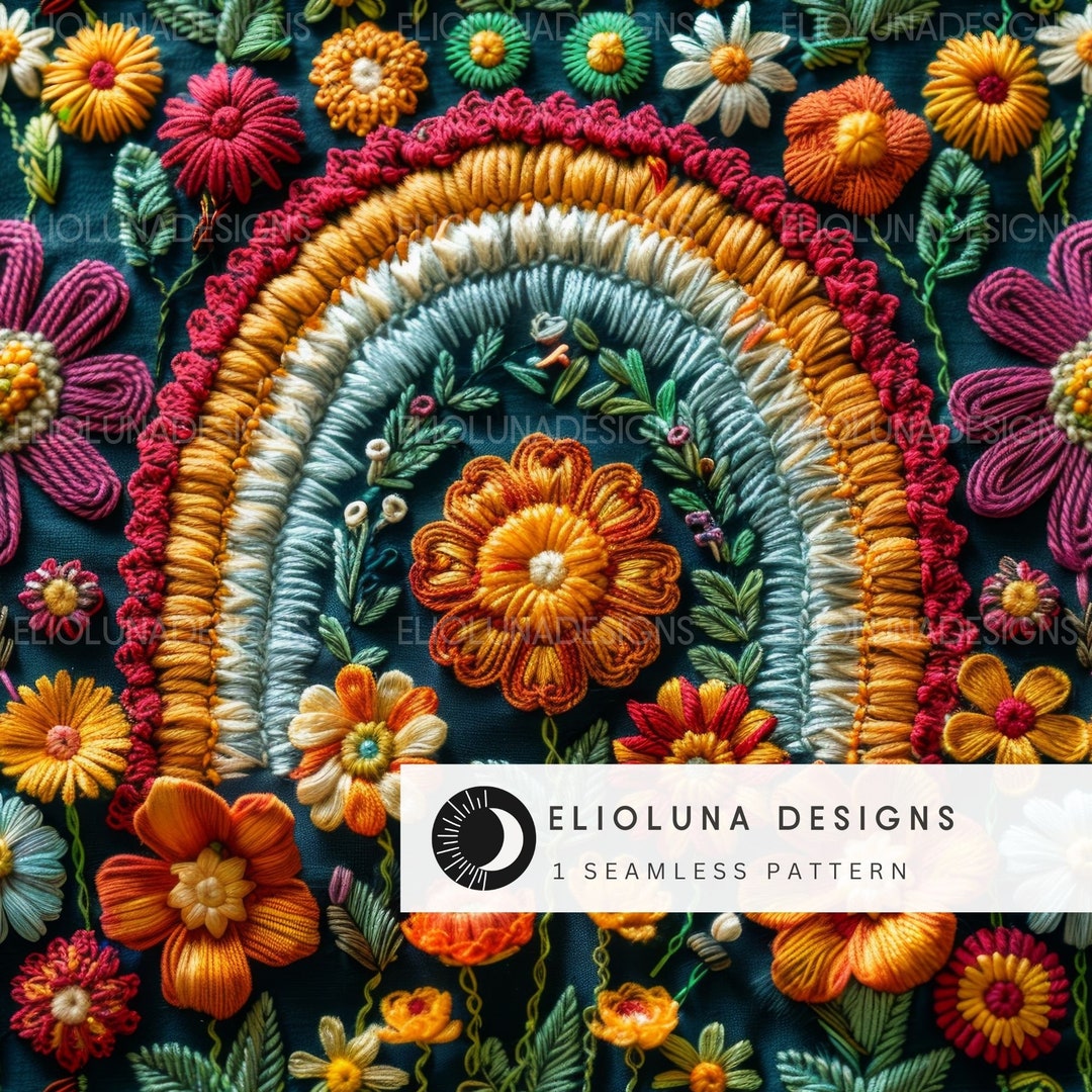 Rainbow Floral Pattern Digital Paper Embroidered Floral Rainbow Pattern ...