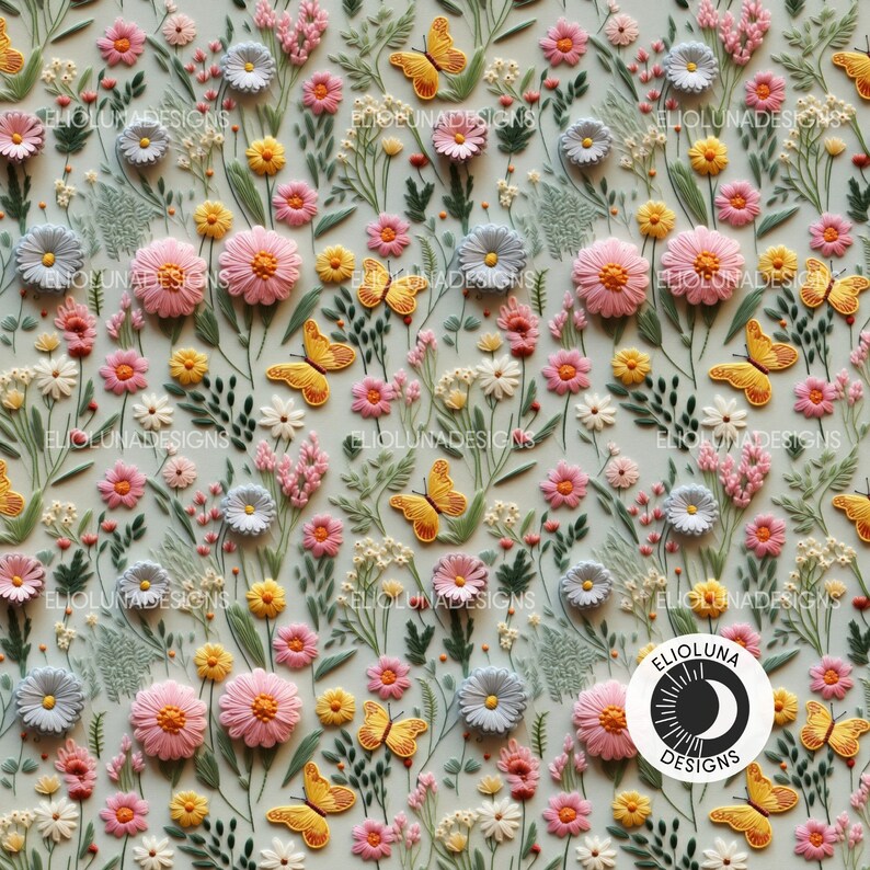 Spring Floral Butterfly Pattern Digital Paper Embroidered Floral ...