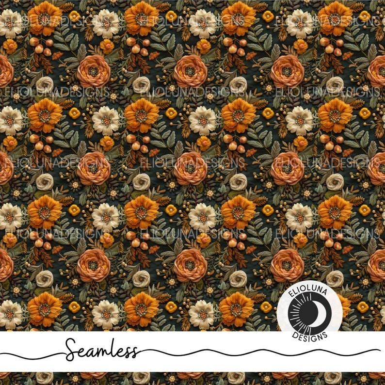Fall Floral Pattern Digital Paper 3D Faux Embroidery Floral Autumn ...