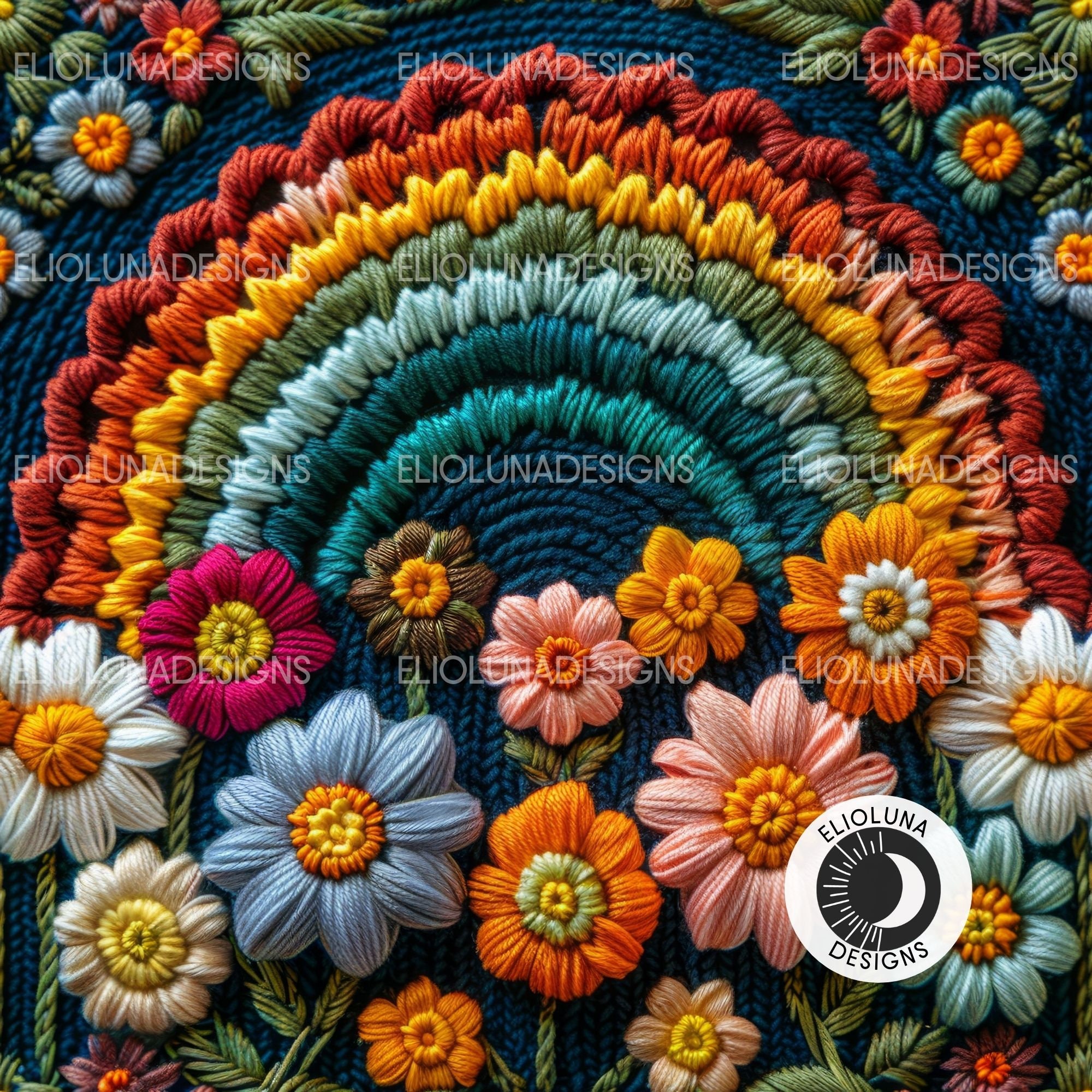 Rainbow Floral Pattern Digital Paper for Embroidered Floral Rainbow ...