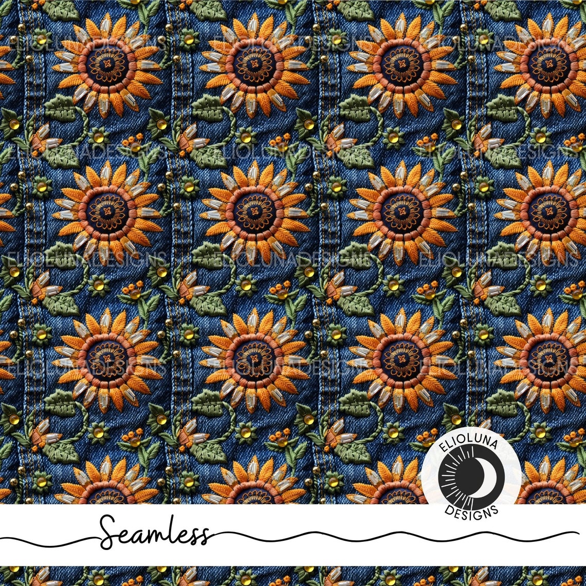 Denim Sunflower Pattern Digital Paper 3D Sunflower Embroidered Pattern ...