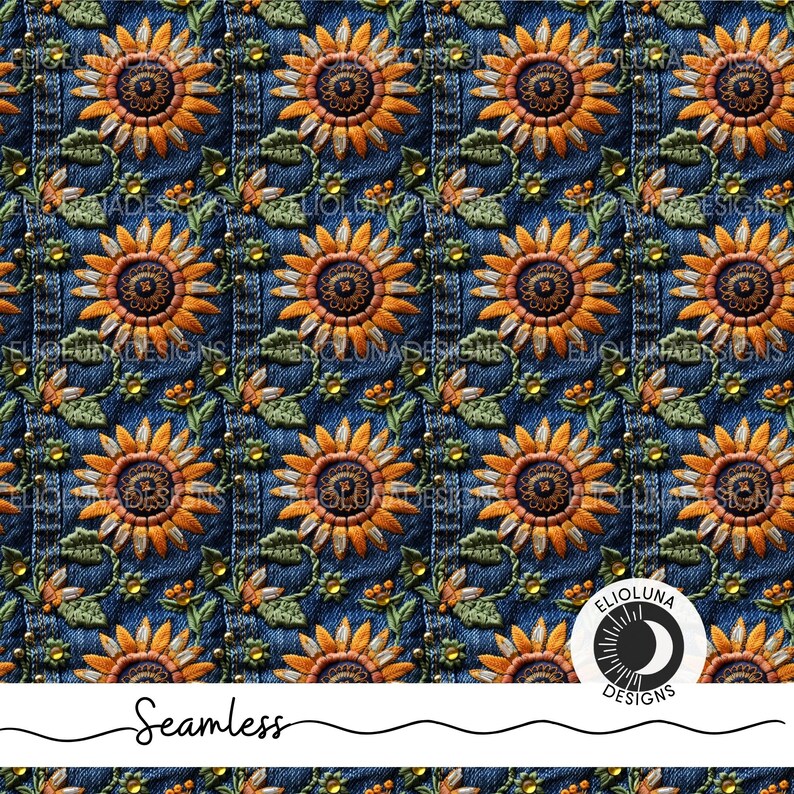 Denim Sunflower Pattern Digital Paper 3D Sunflower Faux Embroidered Pattern Seamless Sunflower ...