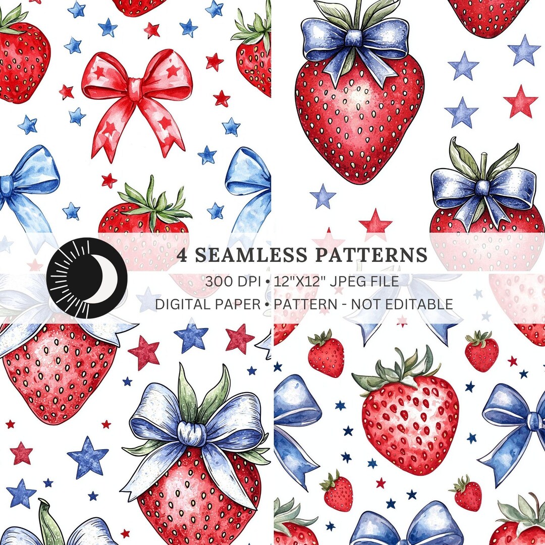 Watercolor Strawberry and Bows Seamless Pattern July 4th Pattern Summer ...