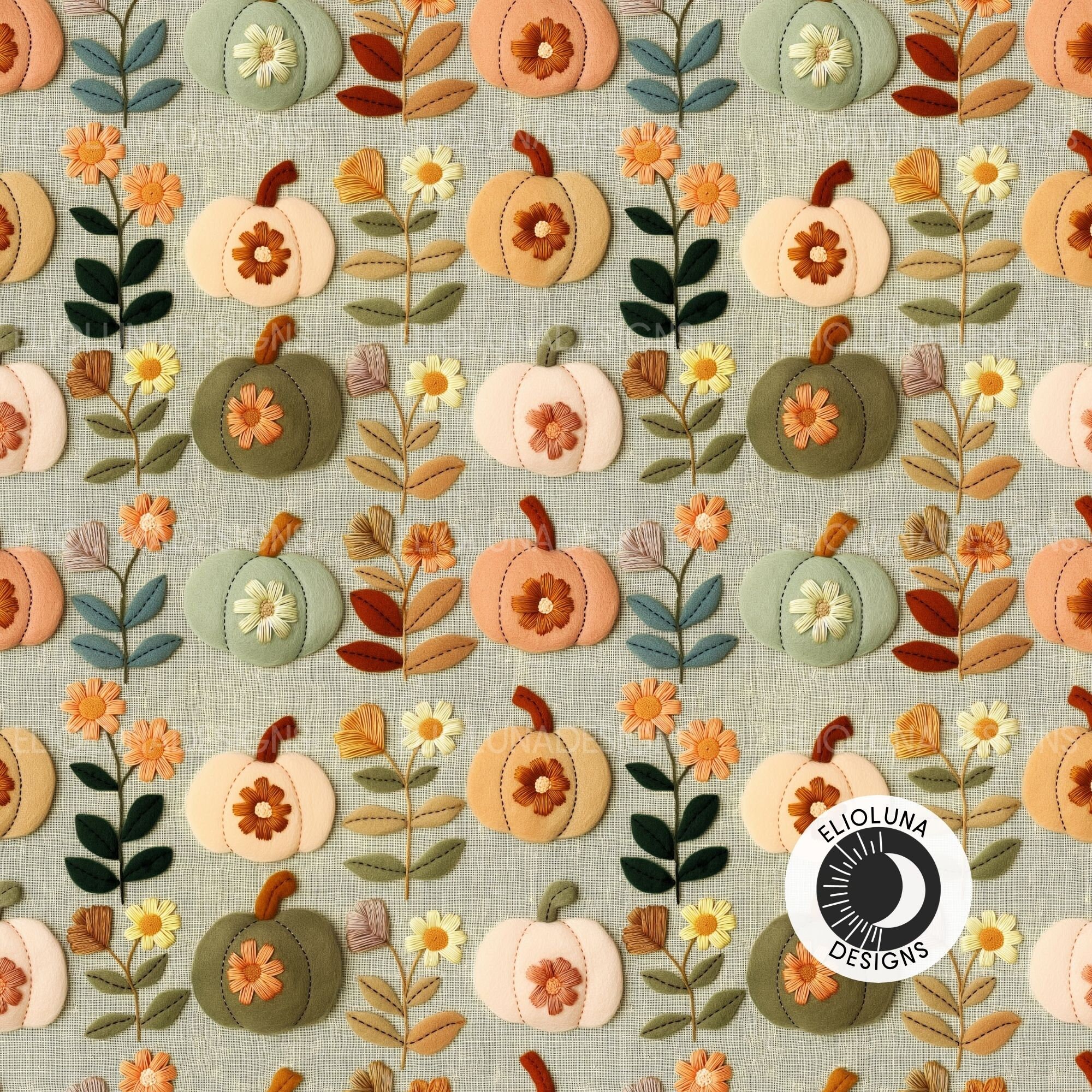 Fall Pumpkins Faux Embroidery Seamless Pattern 3D Pumpkins Digital ...