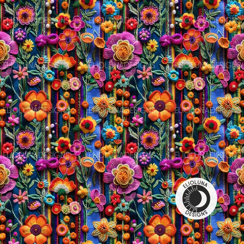Mexican Floral Pattern Digital Paper Faux Embroidery Fiesta Floral ...