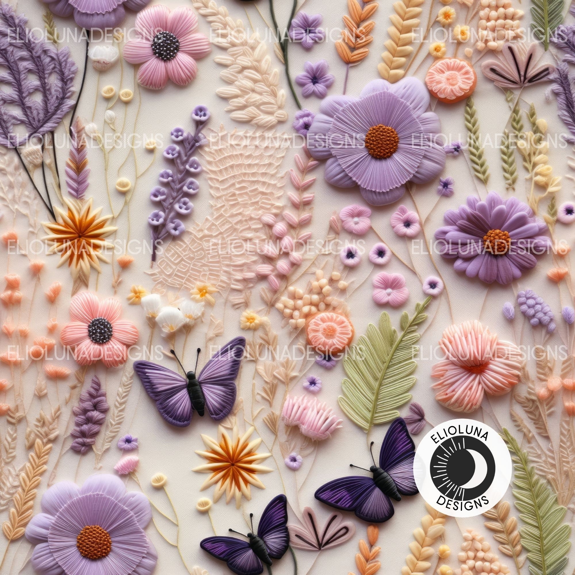 Spring Floral Butterfly Pattern Digital Paper Embroidered Floral ...