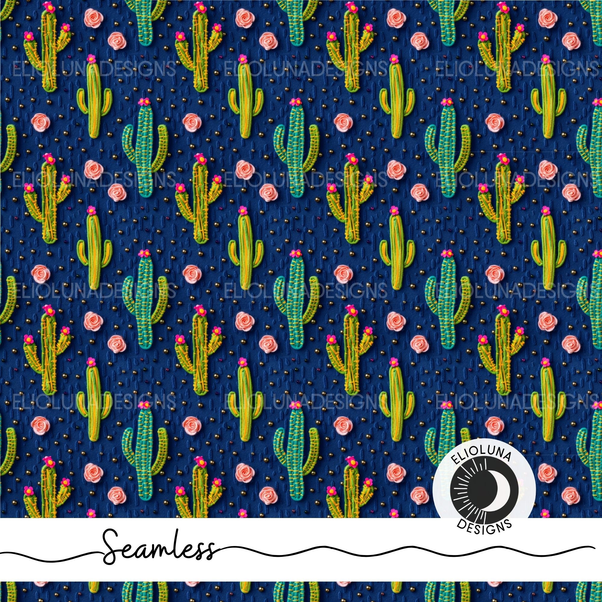Cactus Floral Pattern Digital Paper Faux Embroidered Western Pattern ...