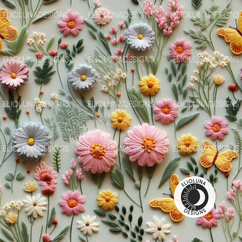 Spring Floral Butterfly Pattern Digital Paper Embroidered Floral ...